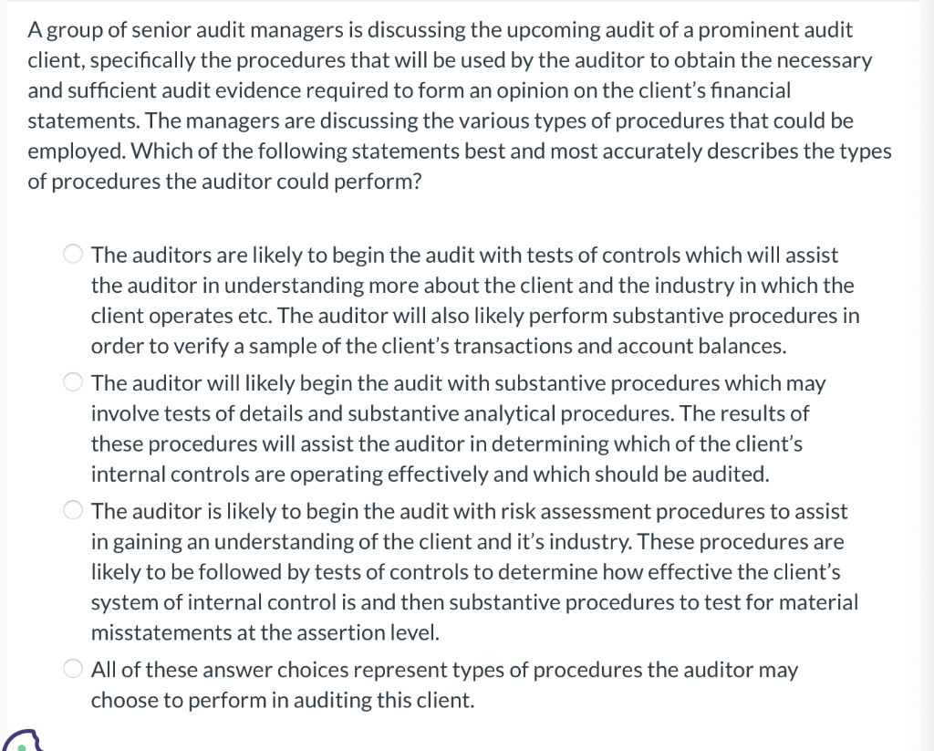 Solved group of senior audit managers is discussing the | Chegg.com