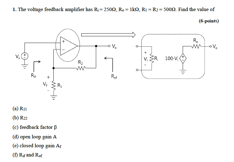 Solved = 1. The voltage feedback amplifier has Ri= 25032, Ro | Chegg.com