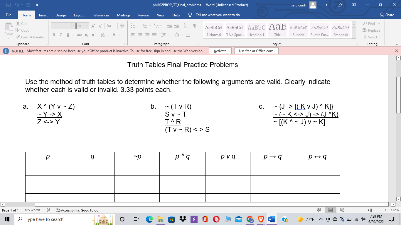 Solved Truth Tables Final Practice Problems Use the method | Chegg.com