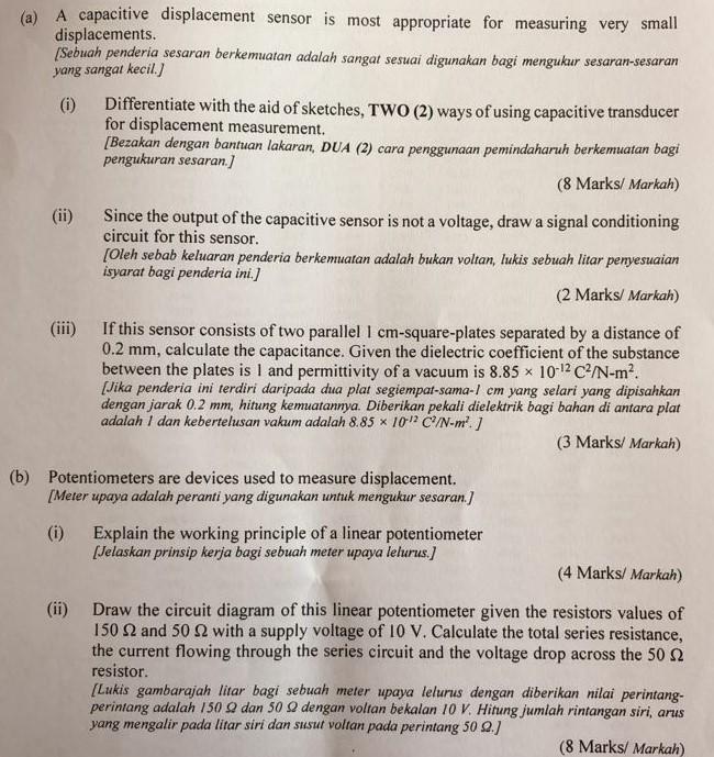 Solved (a) A capacitive displacement sensor is most | Chegg.com