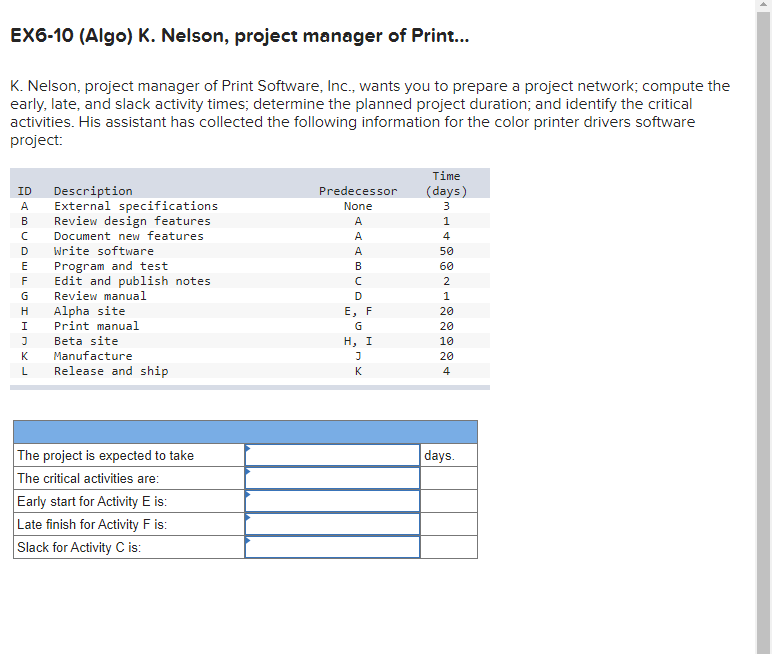 Solved K. Nelson, project manager of Print Software, Inc., | Chegg.com