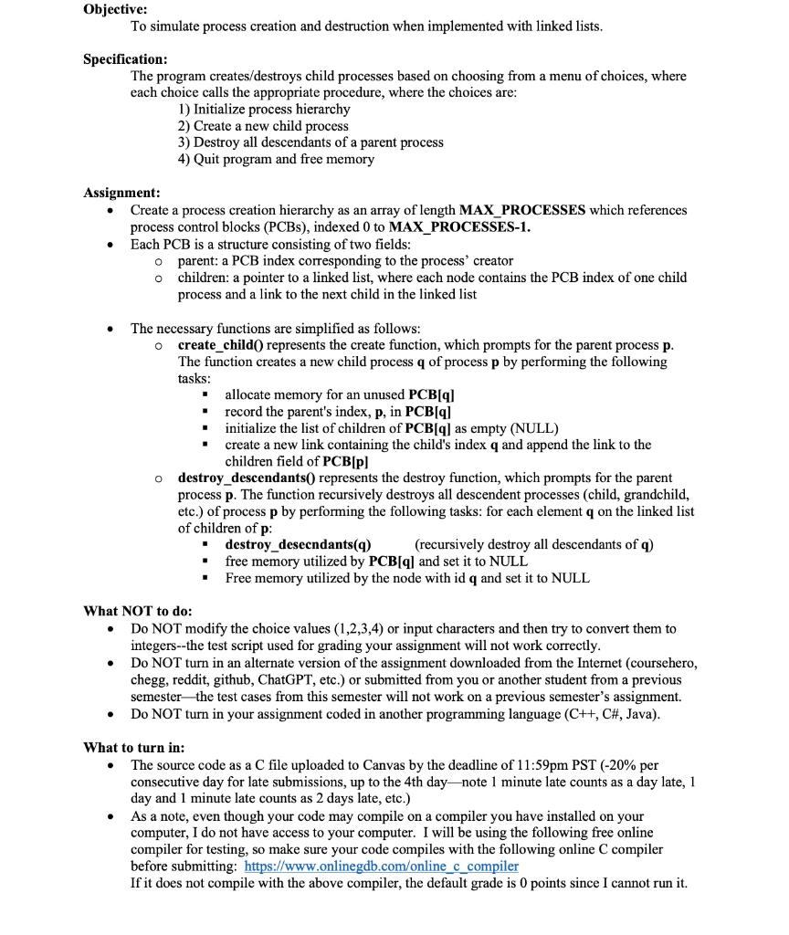 Solved Objective: To simulate process creation and | Chegg.com
