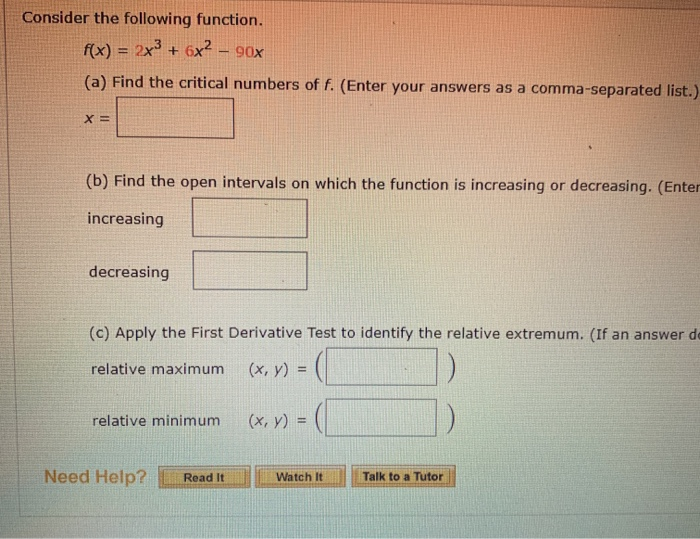 Solved Consider the following function. f(x) = 2x3 + 6x2 – | Chegg.com