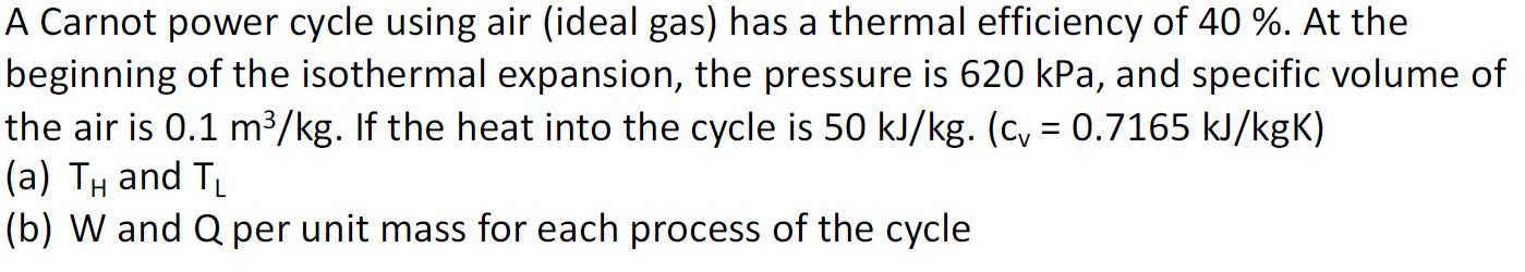 Solved A Carnot power cycle using air (ideal gas) has a | Chegg.com
