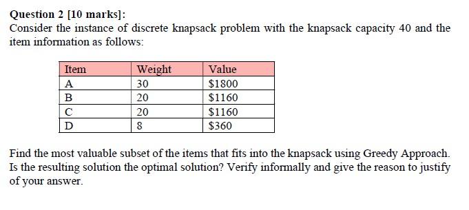 Solved Question 2 [10 marks]: Consider the instance of | Chegg.com