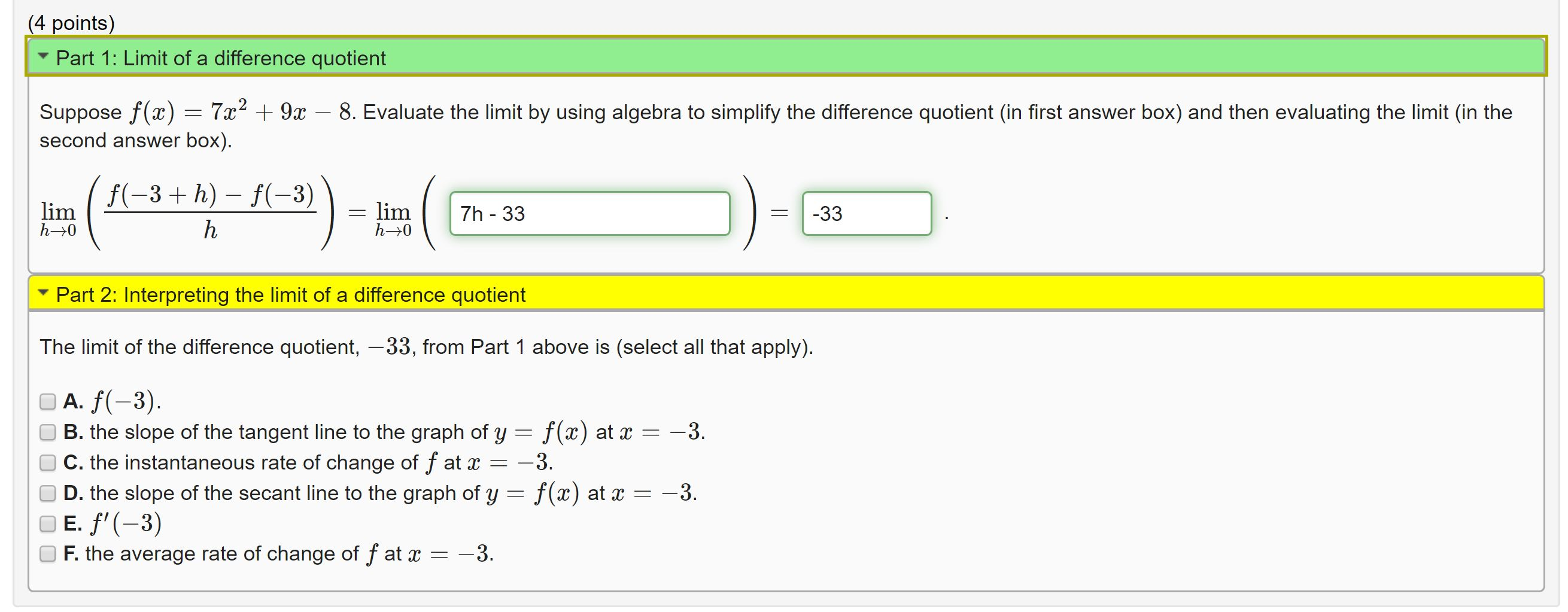 Solved 4 Points Part 1 Limit Of A Difference Quotient