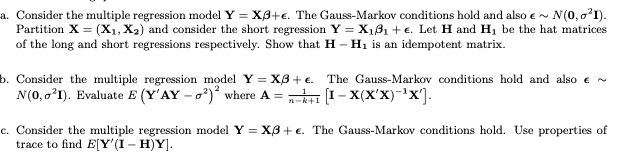 Solved a. Consider the multiple regression model Y = X8+€. | Chegg.com