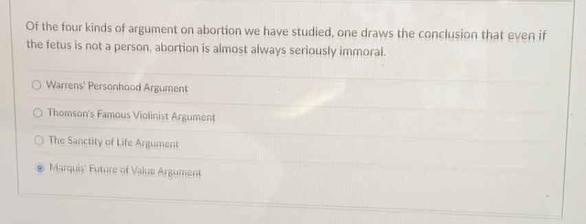 Solved Of the four kinds of argument on abortion we have | Chegg.com