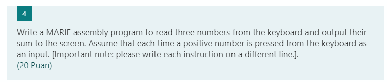 Solved Write a MARIE assembly program to read three numbers | Chegg.com