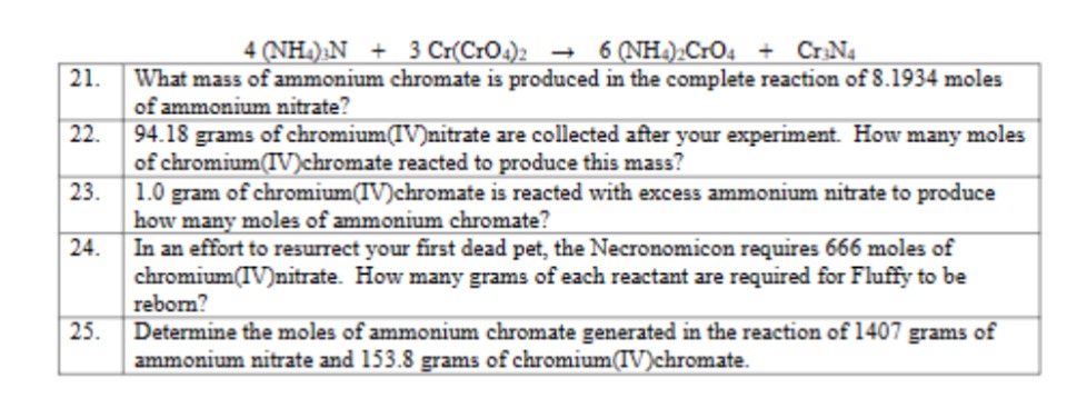 Solved 4(NH4)3 N+3Cr(CrO4)2→6(NH4)2CrO4+Cr3 N4 21. What mass | Chegg.com