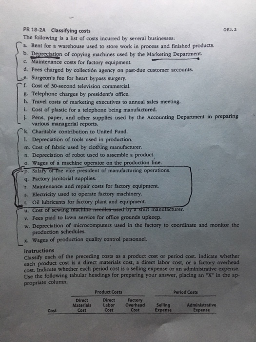 Solved PR 18-2A Classifying costs The following is a list of | Chegg.com