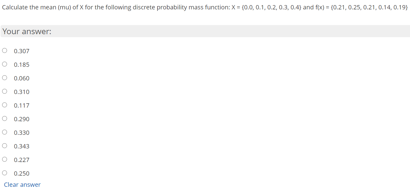 Solved Calculate the mean (mu) of X for the following | Chegg.com