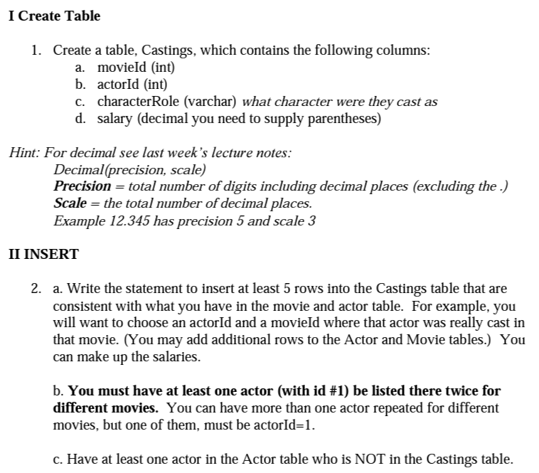 Solved I Create Table 1. Create a table, Castings, which | Chegg.com