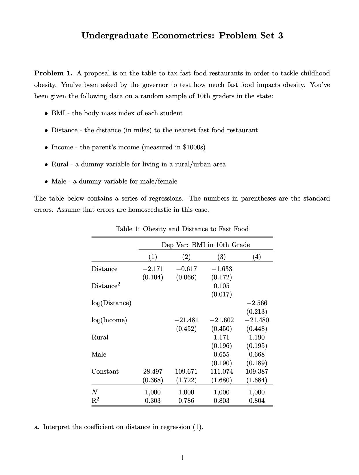 Undergraduate Econometrics: Problem Set 3 Problem 1. | Chegg.com