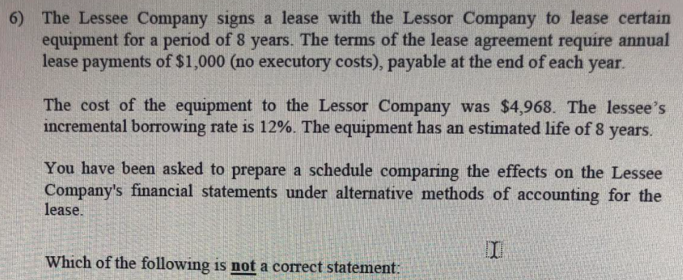 Solved 6) The Lessee Company signs a lease with the Lessor | Chegg.com