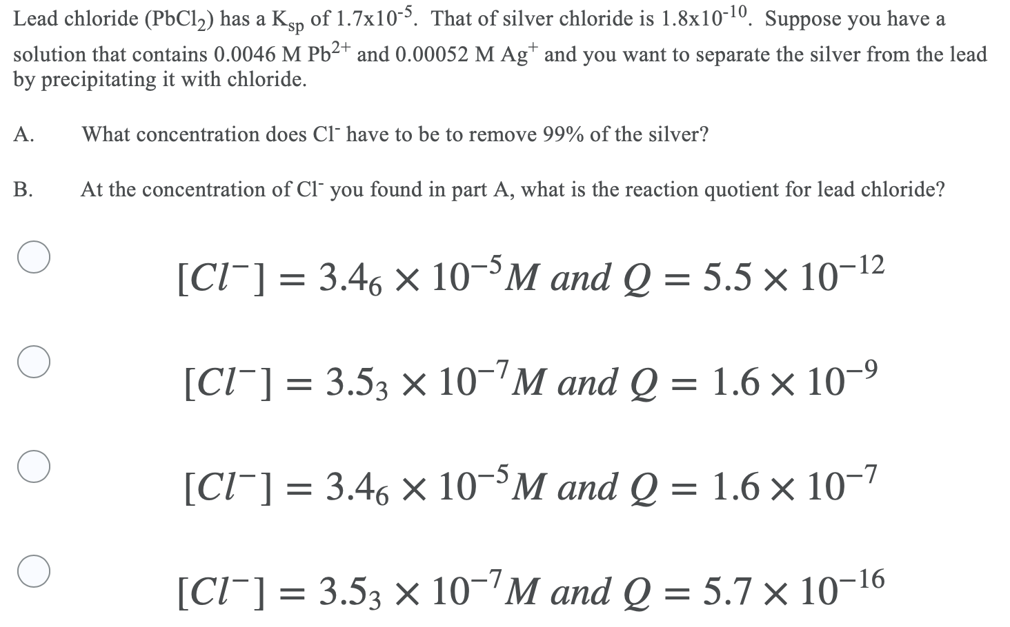 Solved Lead chloride (PbCl2) has a Ksp of 1.7x10-5. That of | Chegg.com