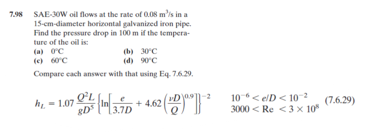 Solved 98 SAE- 30 W oil flows at the rate of 0.08 m3/s in a | Chegg.com