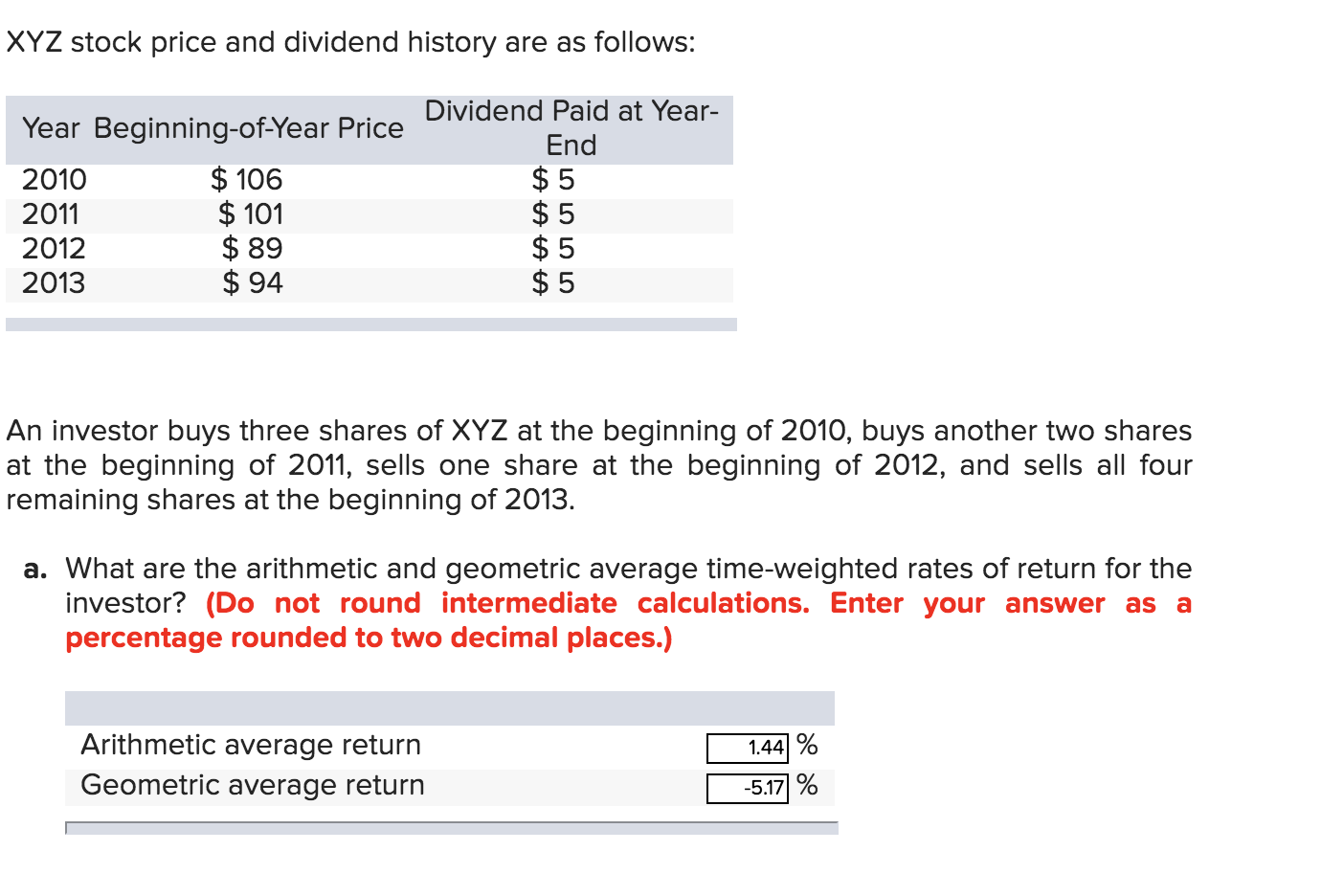 Solved XYZ stock price and dividend history are as follows: | Chegg.com