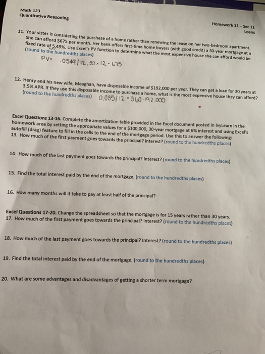 Solved Math 123 Quantitative Reasoning Homework 11- Sec 11 | Chegg.com
