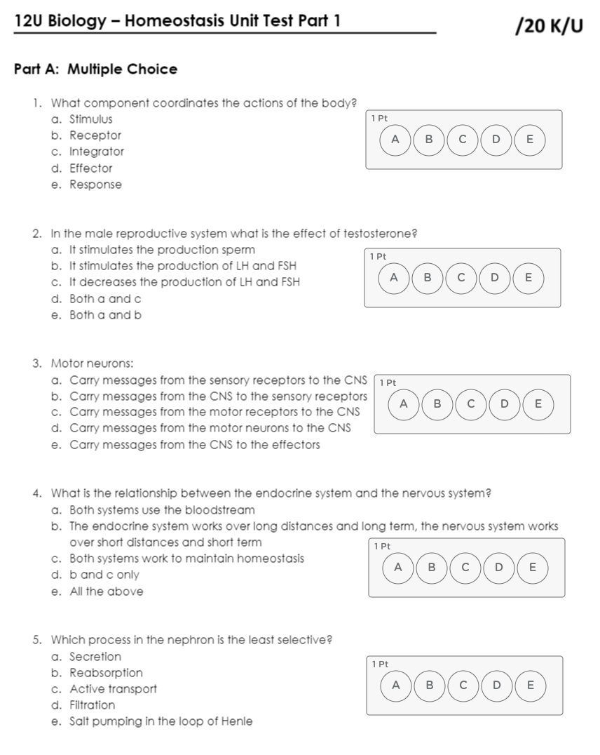 Solved 12U Biology - Homeostasis Unit Test Part 1 /20 K/U | Chegg.com