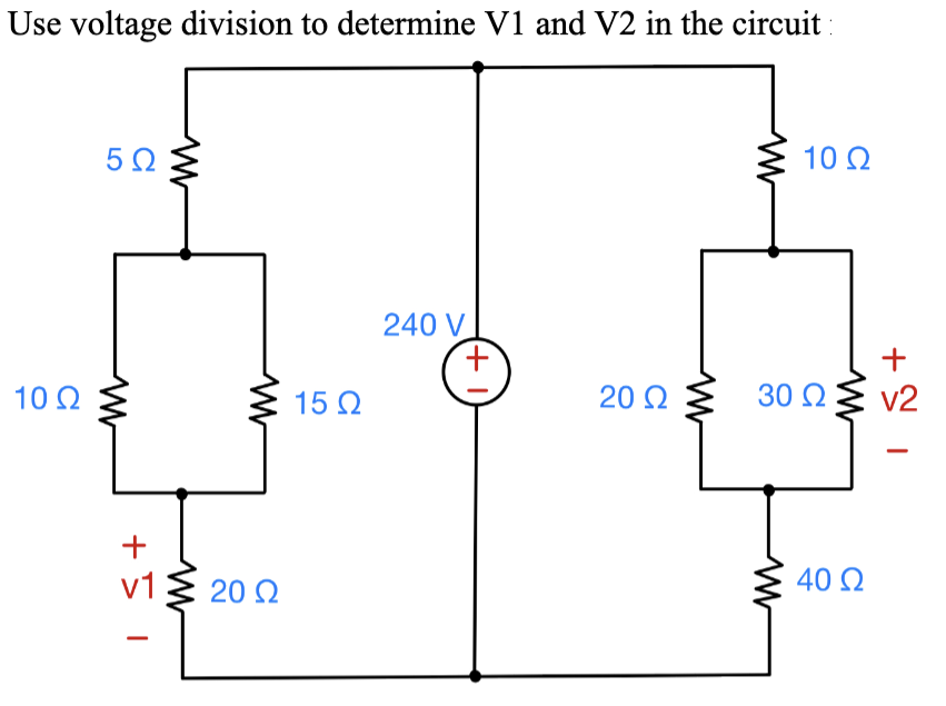 Solved Use voltage division to determine V1 and V2 in the | Chegg.com