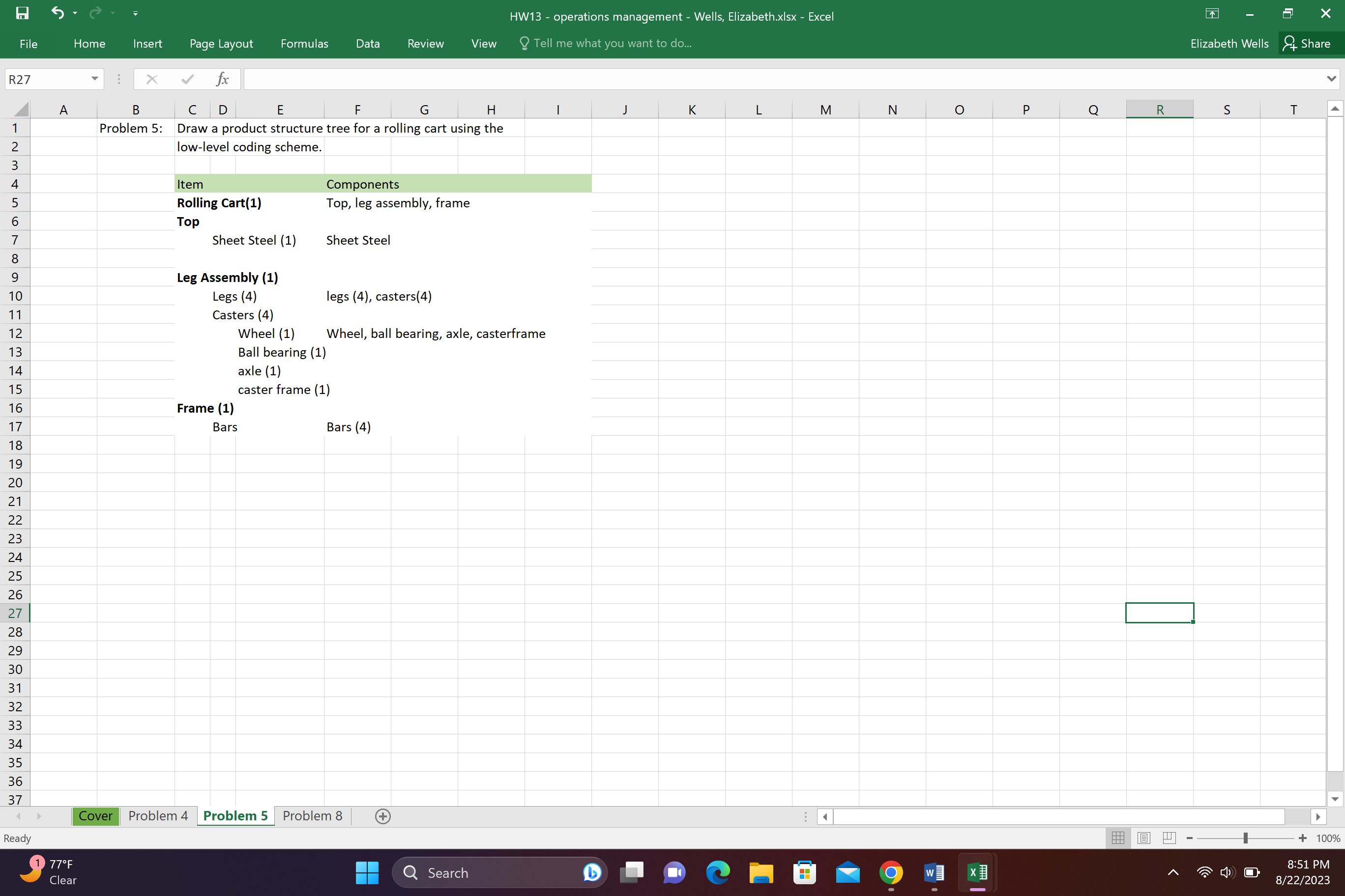 Solved HW13 - operations management - Wells, Elizabeth.xlsx | Chegg.com