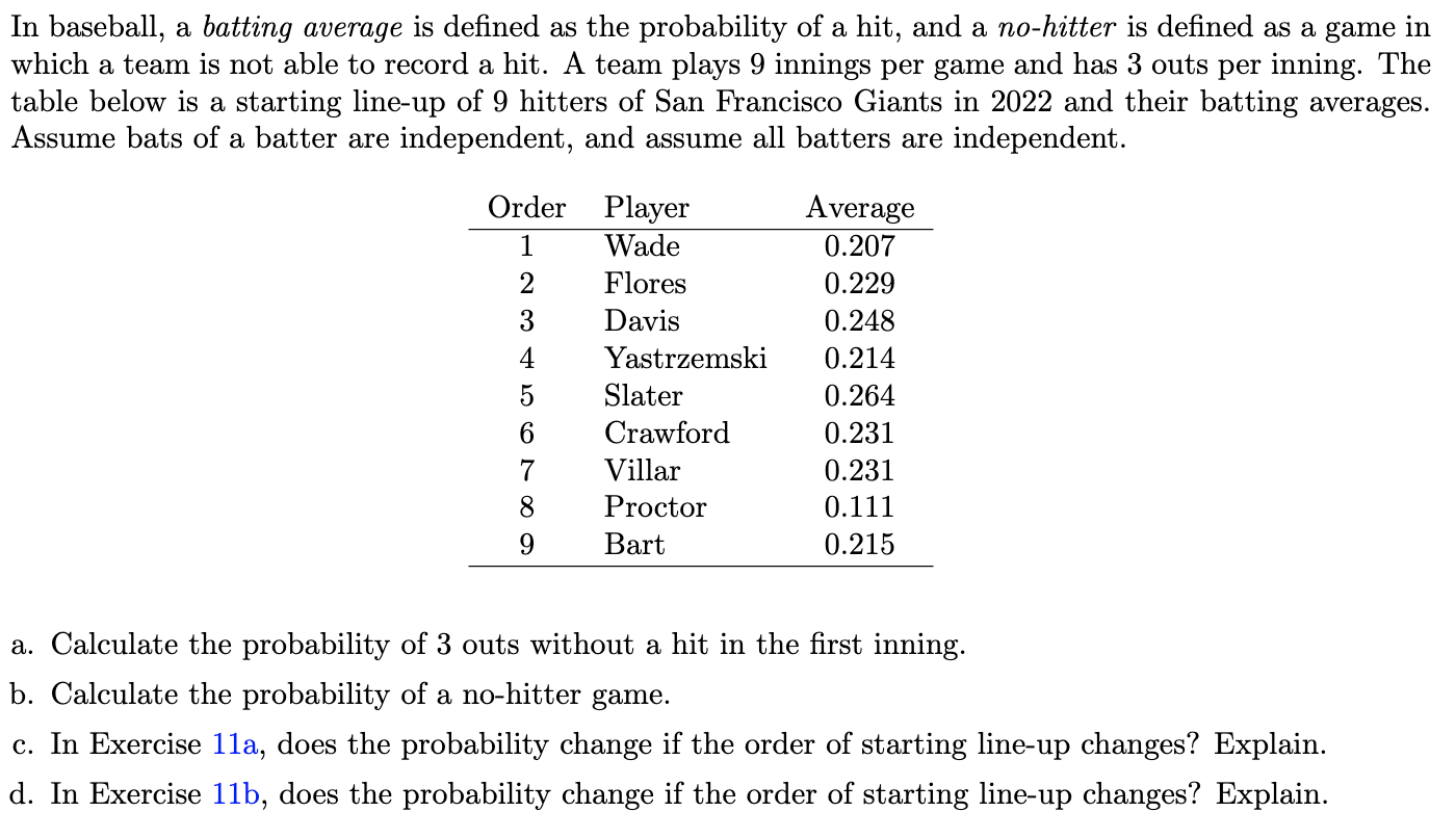 Solved In baseball, a batting average is defined as the | Chegg.com