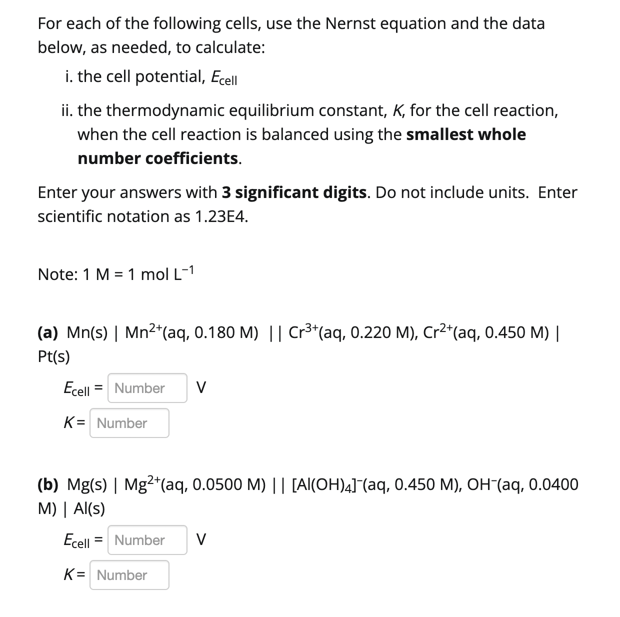 Solved For each of the following cells, use the Nernst | Chegg.com