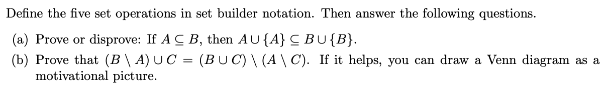 Solved Please define the fice set operation in set builder | Chegg.com