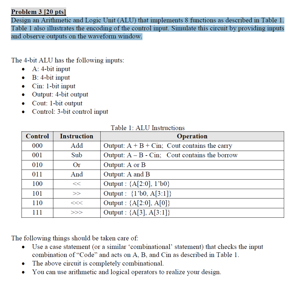Solved Problem 3 120 ptsl Design an Arithmetic and Logic | Chegg.com