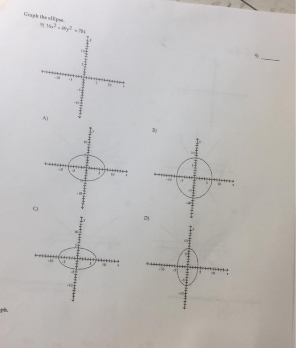 Solved Graph the ellipse. 9) 16x2 49y2-784 10 -10 3 10 A) | Chegg.com