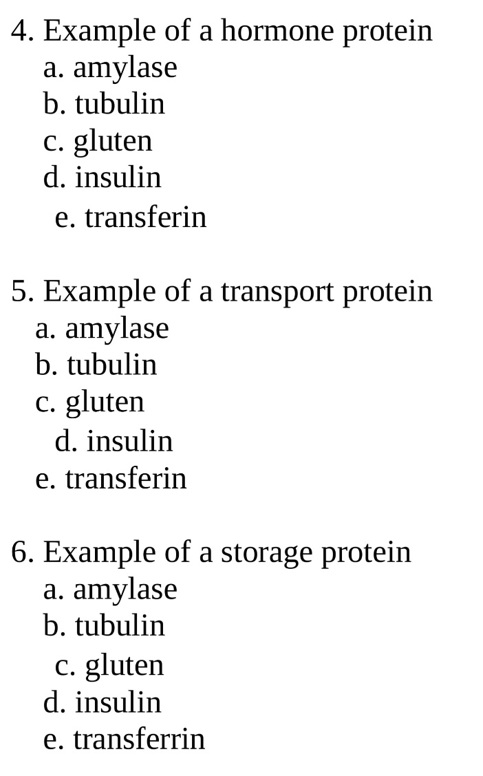 Solved 4. Example of a hormone protein a. amylase b. tubulin | Chegg.com
