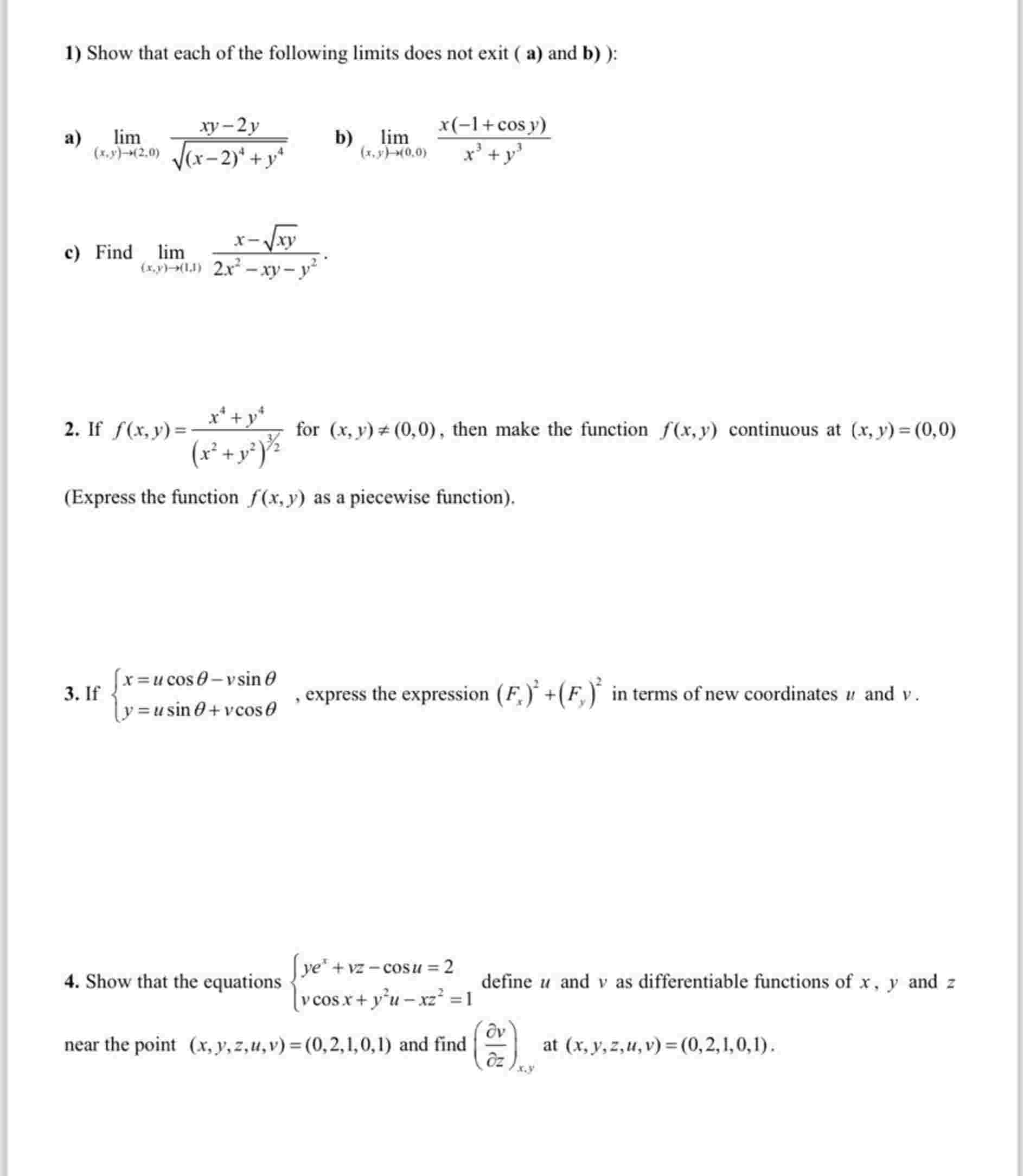 Show that each of ﻿the following limits ﻿does not | Chegg.com