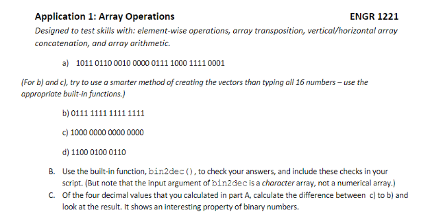 Solved Application 1: Array Operations ENGR 1221 Designed to | Chegg.com