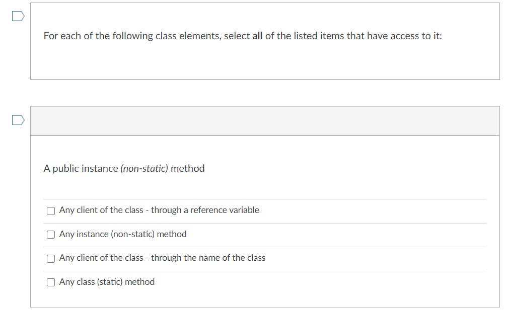 Solved For each of the following class elements, select all | Chegg.com