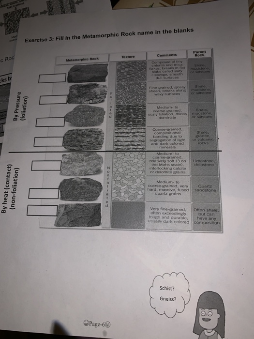 Solved Exercise 3: Fill in the Metamorphic Rock name in the | Chegg.com