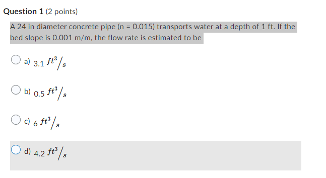 Solved A 24 in diameter concrete pipe (n=0.015) transports | Chegg.com