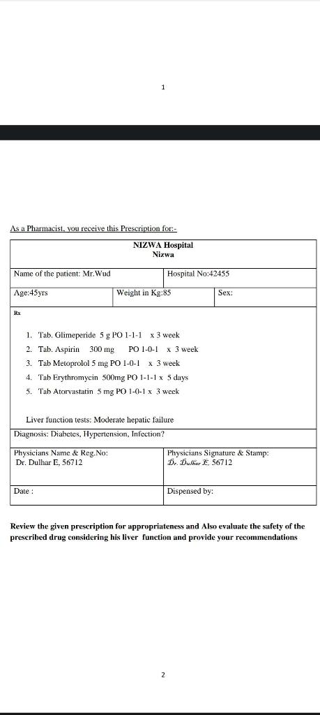 Solved As a Pharmacist. vou receive this Prescription for:- | Chegg.com