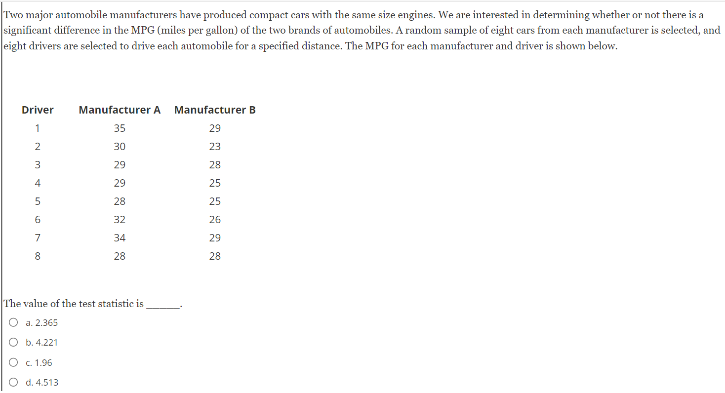 Solved Two major automobile manufacturers have produced | Chegg.com