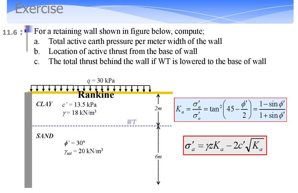 Solved For a retaining wall shown in figure below, compute; | Chegg.com