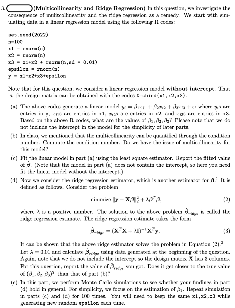 3. (Multicollinearity and Ridge Regression) In this | Chegg.com