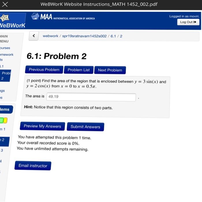 Solved WeBWorK Website Instructions_MATH 1452_002.pdf Logged | Chegg.com