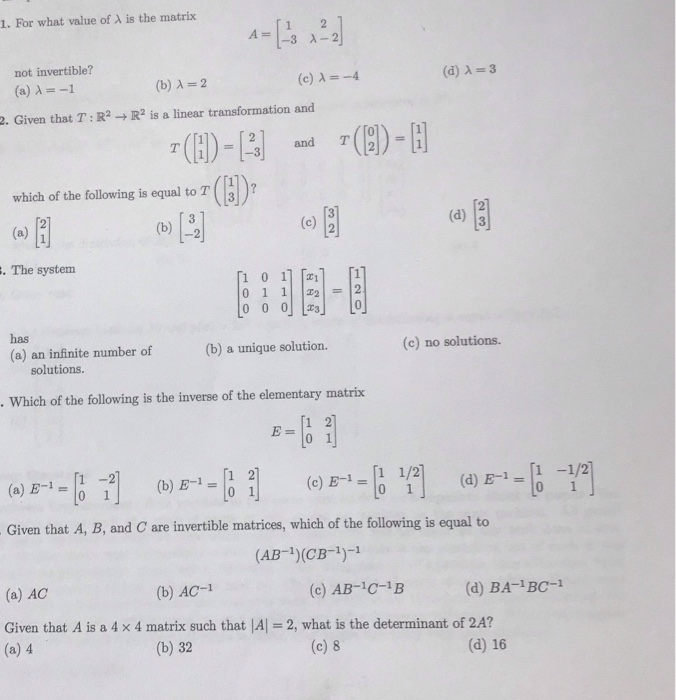 Solved I. For what value of λ is the matrix not invertible? | Chegg.com