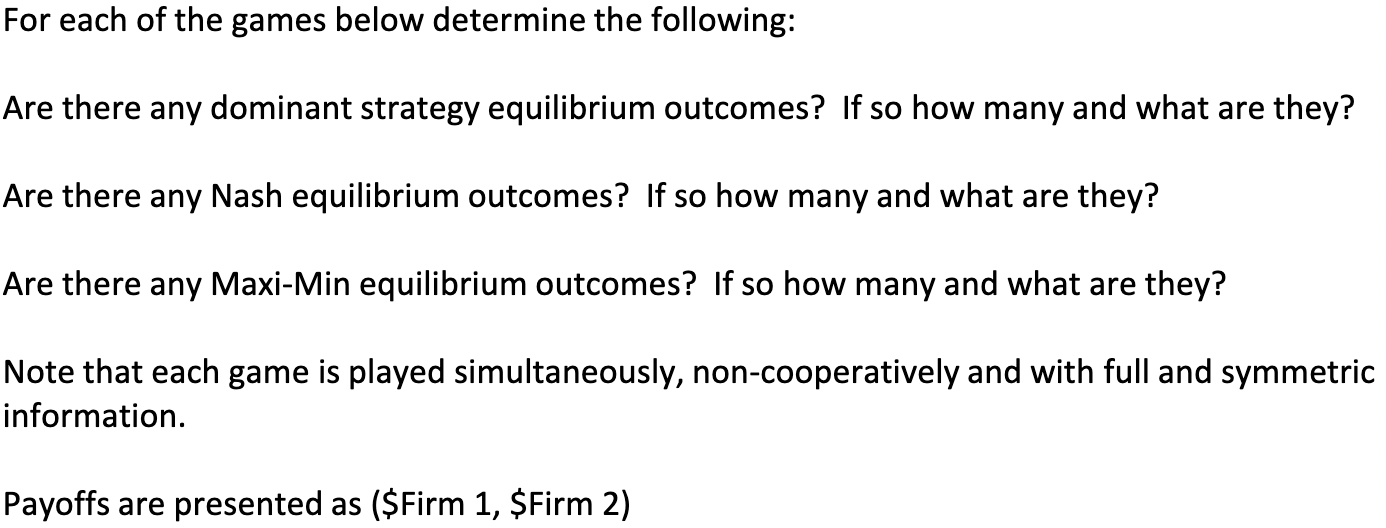 Solved For each of the games below determine the following: | Chegg.com