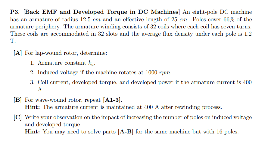 Solved P3. [Back EMF and Developed Torque in DC Machines] An | Chegg.com