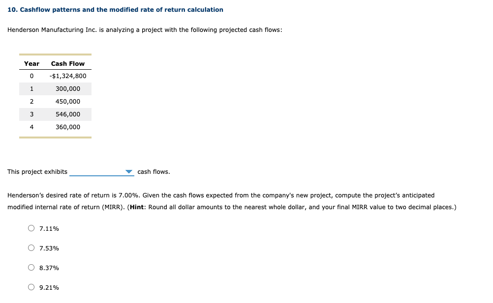 Solved 10. Cashflow patterns and the modified rate of return | Chegg.com