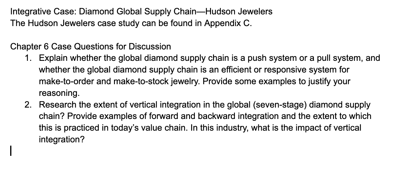 Solved Integrative Case: Diamond Global Supply Chain—Hudson | Chegg.com