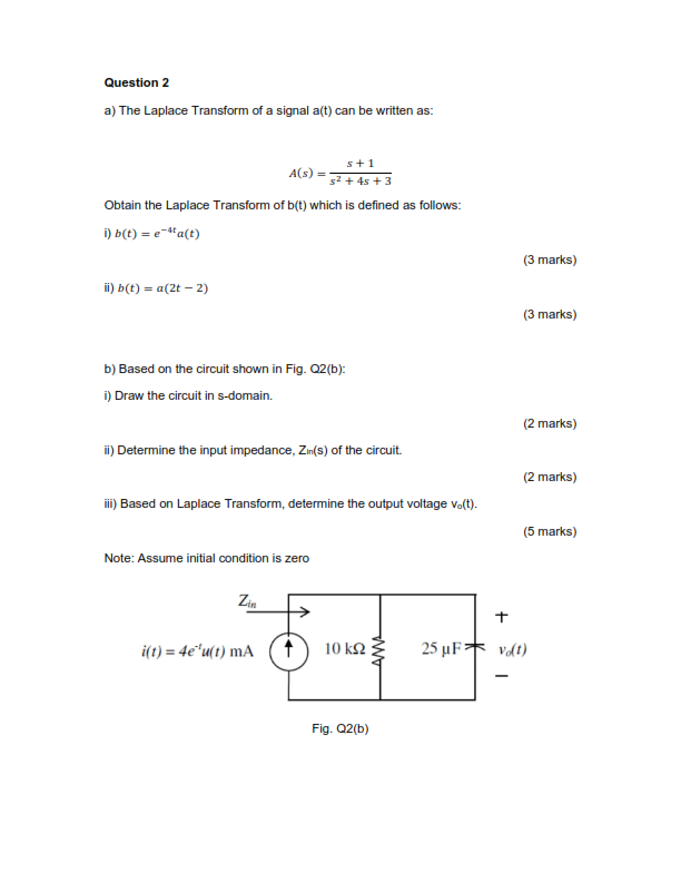 Solved Question 2a) ﻿The Laplace Transform of a signal a(t) | Chegg.com