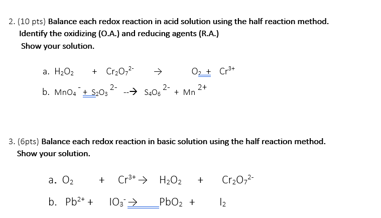 Solved 2. (10 pts) Balance each redox reaction in acid | Chegg.com