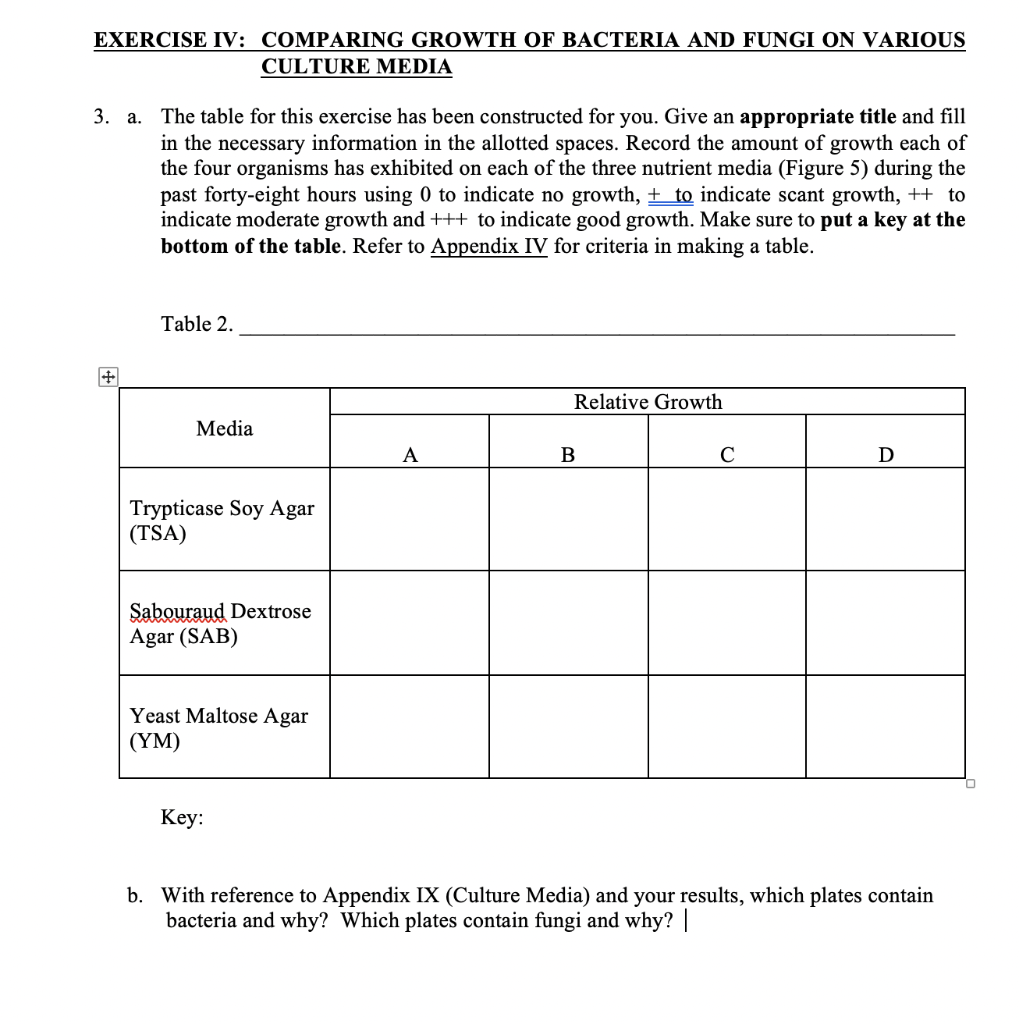 Solved EXERCISE IV: COMPARING GROWTH OF BACTERIA AND FUNGI | Chegg.com